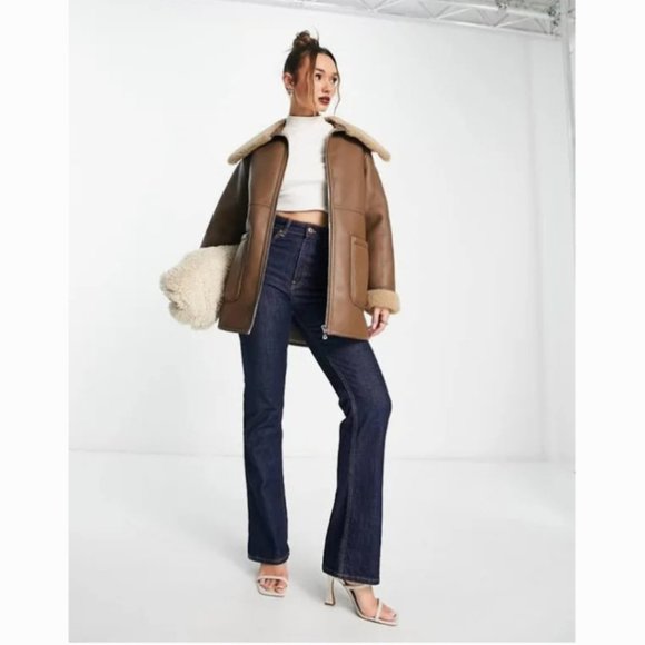 Mango | Jackets & Coats | Nwt Mango Oversized Brown Leather Shearling ...